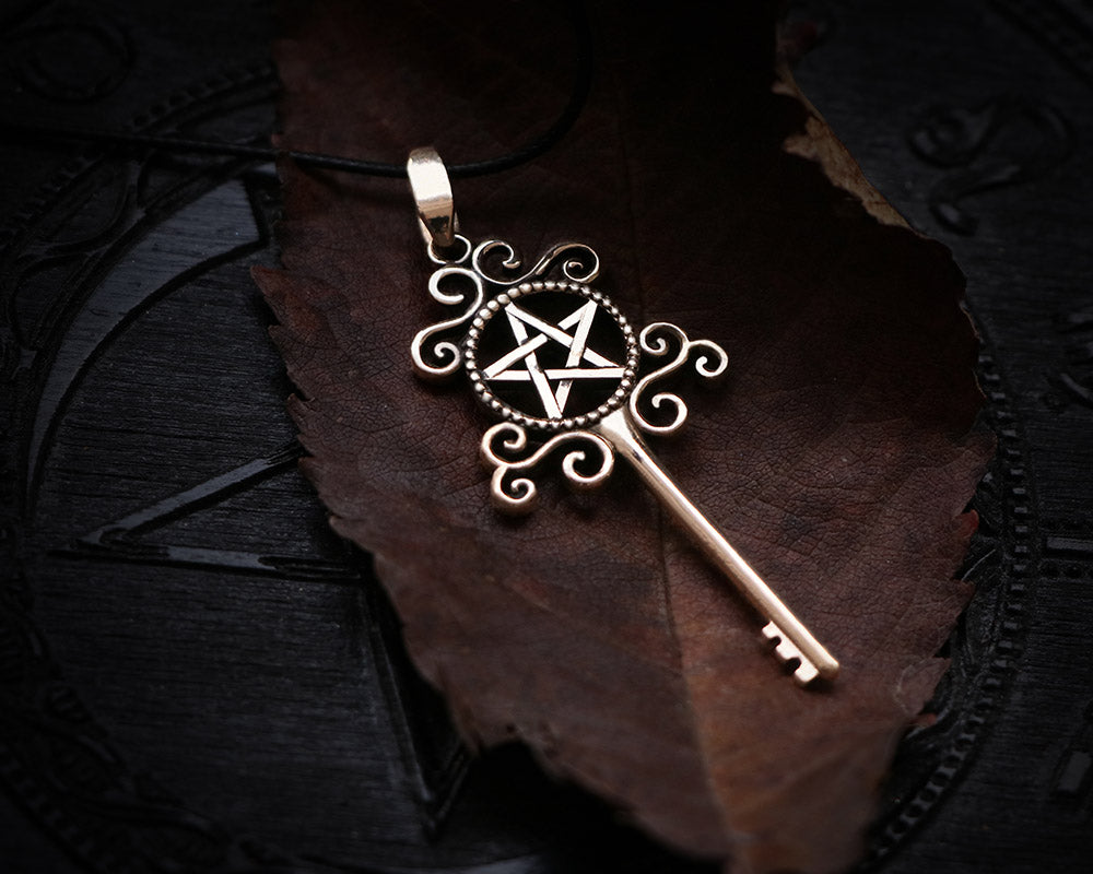 Hecate Necklace Key with Pentagram - Sterling Silver or Fine Bronze