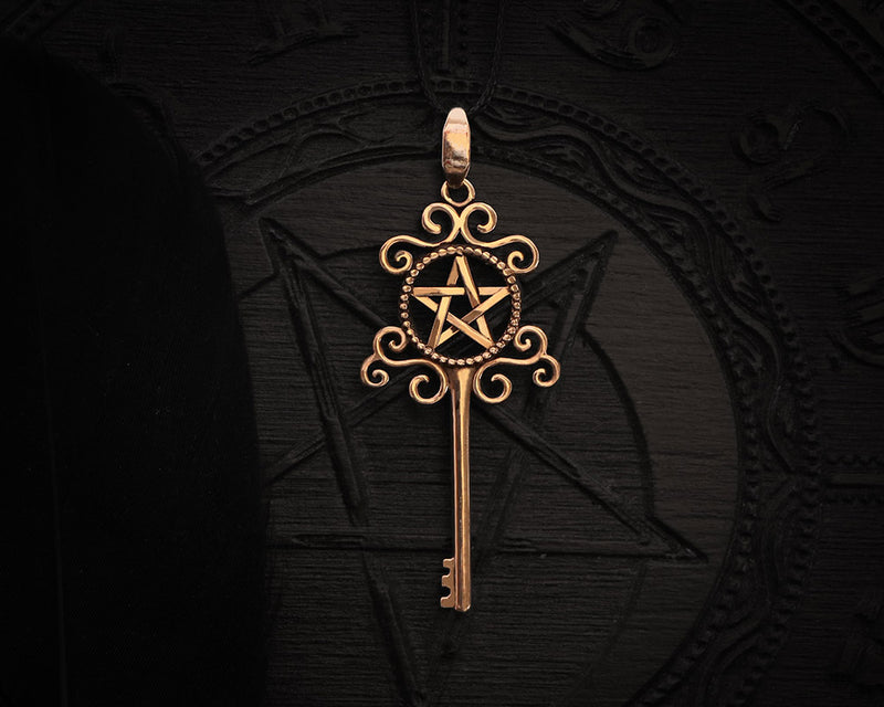 Hecate Necklace Key with Pentagram - Sterling Silver or Fine Bronze